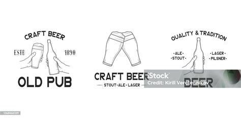 바 레스토랑 메뉴를 위한 크래프트 맥주 펍 라벨 엠블럼 및 배지 세트 빈티지 브랜드 디자인의 벡터 일러스트레이션 공예에 대한 스톡 벡터 아트 및 기타 이미지 Istock