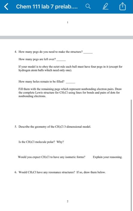 Solved Chem 111 Lab 7 Prelab Experiment 7 The Geometry Chegg Com