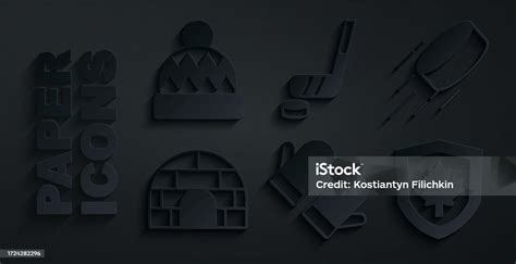 크리스마스 벙어리 장갑 하키 퍽 이글루 아이스 하우스 방패에 캐나다 국기 아이스 하키 스틱 및 비니 모자 아이콘을 설정하십시오