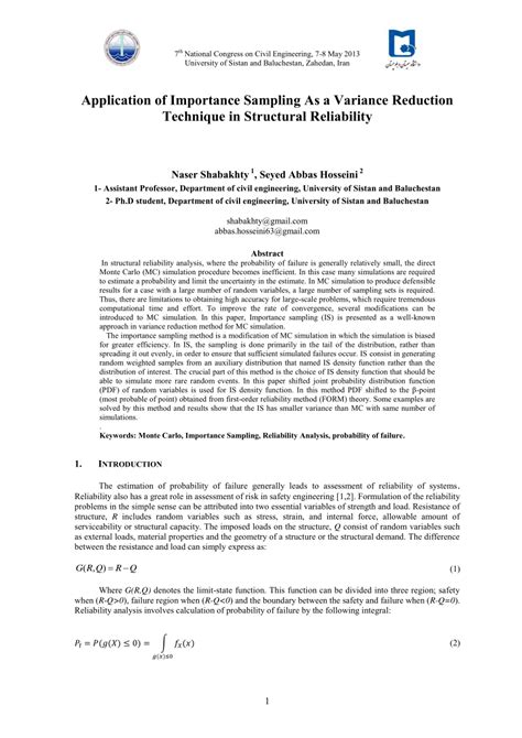 Pdf Application Of Importance Sampling As A Variance Reduction Technique In Structural Reliability