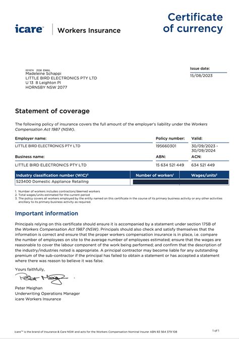 Insurance Statement Of Coverage — Little Bird