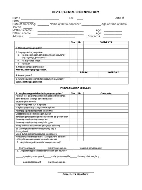 Developmental Screening Form Binisaya 1 Pdf