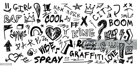 그래피티 스프레이 요소 아트 낙서 글꼴 도시 브러시 질감입니다 손으로 그린 선 그래픽 하트 또는 별 벽화 마커 글자 언더그라운드 프린트 벡터 그런지 텍스트 아이콘 세트