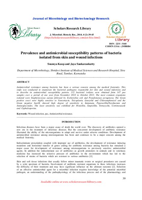 Pdf Prevalence And Antimicrobial Susceptibility Patterns Of Bacteria Isolated From Skin And