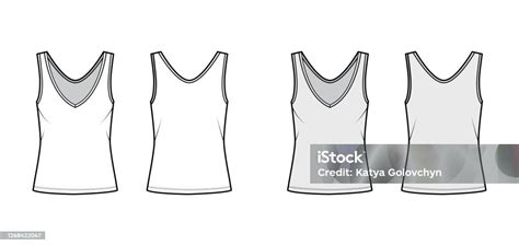 대형 바디 딥 V 넥라인 길쭉한 밑단이 있는 코튼 저지 탱크 테크니컬 패션 일러스트 플랫 의류 0명에 대한 스톡 벡터 아트 및