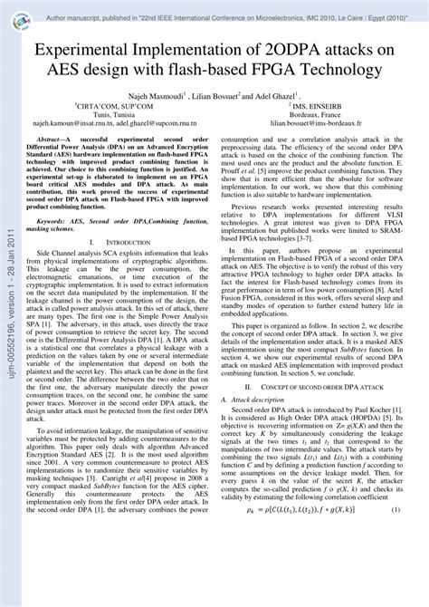 Pdf Experimental Implementation Of Dpa Attacks On Aes Design With Flash Based Fpga Technology