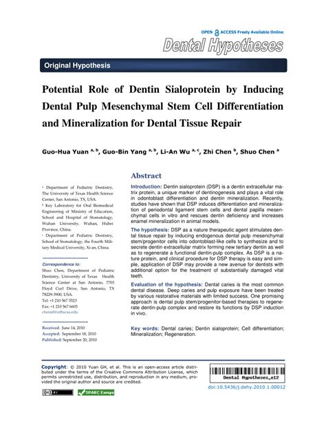 Pdf Potential Role Of Dentin Sialoprotein By Inducing Dental Pulp Mesenchymal Stem Cell