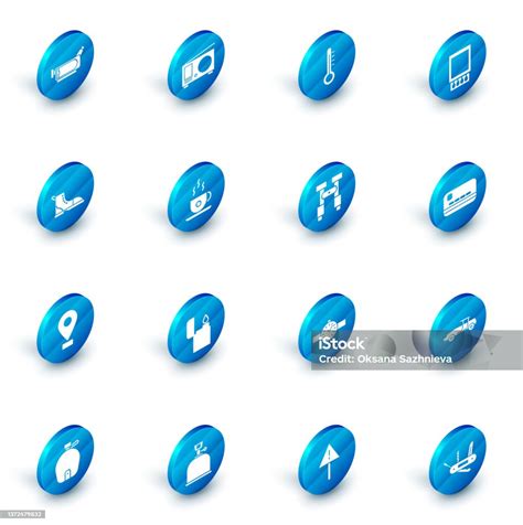 안테나 기상 온도계 오픈 매치박스 및 매치 하이킹 부츠 위치 커피 컵 신용 카드 및 쌍안경 아이콘이있는 라디오를 설정합니다 벡터 3차원 형태에 대한 스톡 벡터 아트 및 기타