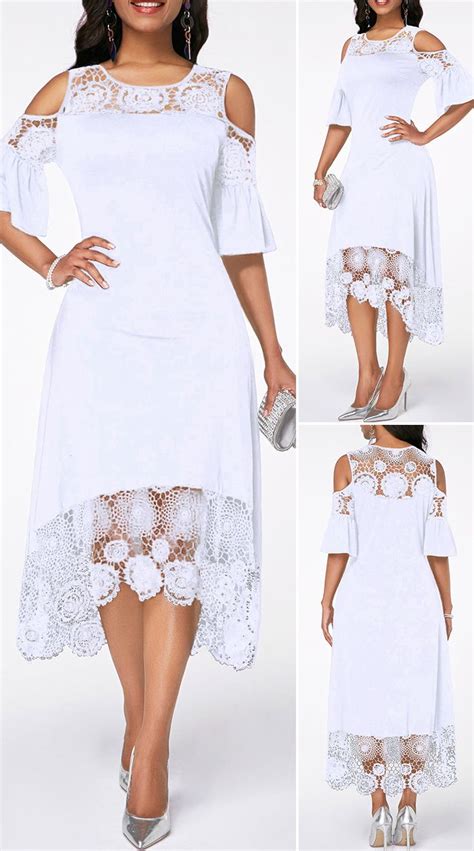 White Flare Cuff Lace Panel Cold Shoulder Dress Cold Shoulder Dress Casual White Dress