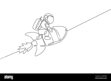 Single Continuous Line Drawing Of Astronaut In Spacesuit Flying At Outer Space While Sitting And