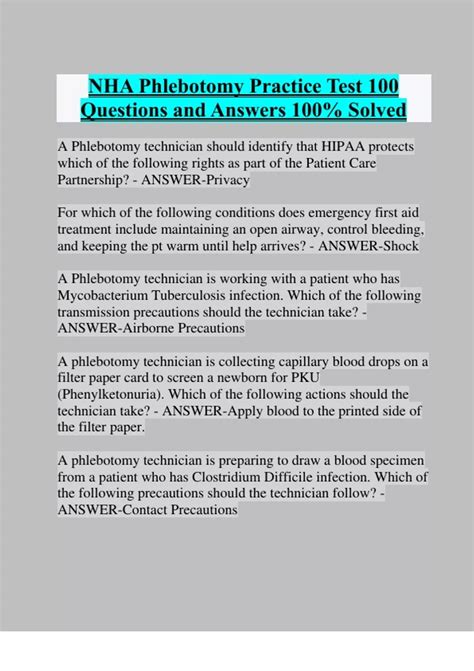 Nha Phlebotomy Practice Test 100 Questions And Answers 100 Solved