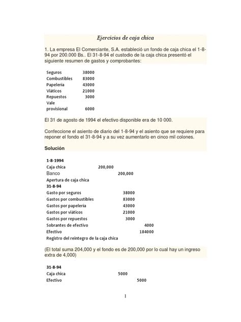 Ejercicios De Caja Chica Y Documentos Por Cobrar Pdf Efectivo Cheque