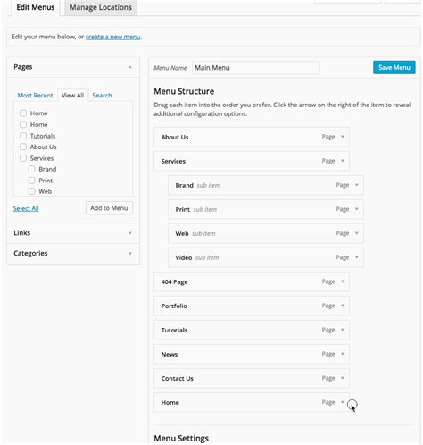 Wordpress Menu Management Treefrog Cinegraphix