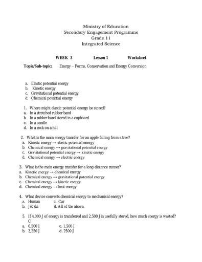Grade 11 Worksheets Integrated Science