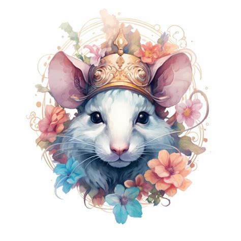 Premium Ai Image A Drawing Of A Mouse With A Crown And Flowers