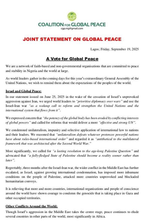 World Peace Day Coalition For Global Peace Charges Un To Prioritize