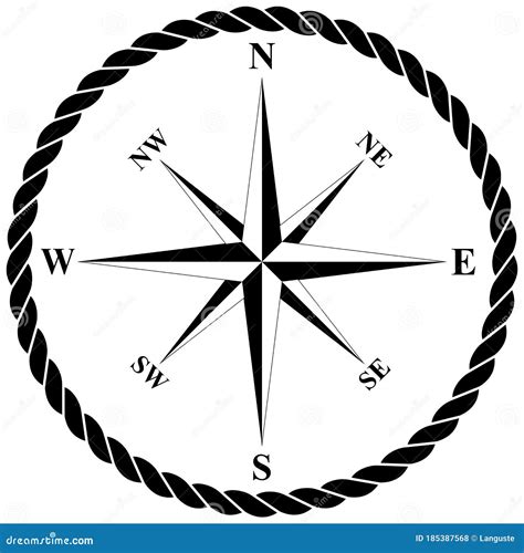 Nautical Compass Rose Vector With Rope Border On Isolated White Background Stock Vector
