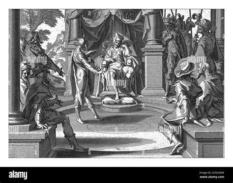 Alexander The Great Sits As Judge On His Throne In A Round Courtroom