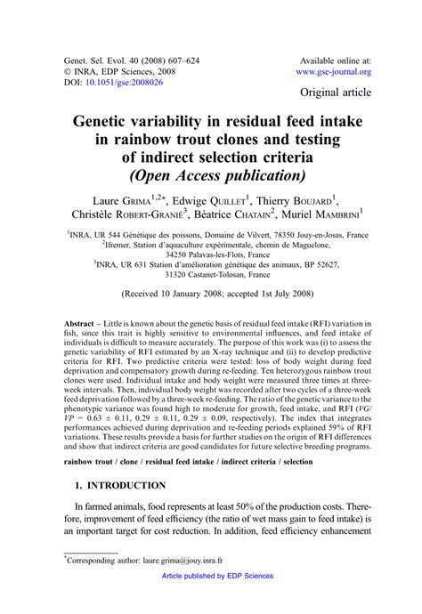 Pdf Genetic Variability In Residual Feed Intake In Rainbow Trout Clones And Testing Of