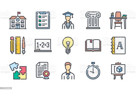 교육 관련 컬러 라인 아이콘 세트입니다 지식 다채로운 선형 아이콘 학교 및 대학 플랫 컬러 윤곽 벡터 기호 컬렉션 거리가 먼에 대한 스톡 벡터 아트 및 기타 이미지 Istock