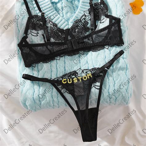 Custom Name Thong Flower Mesh Embroidery Gathered Lingerie Set Custom