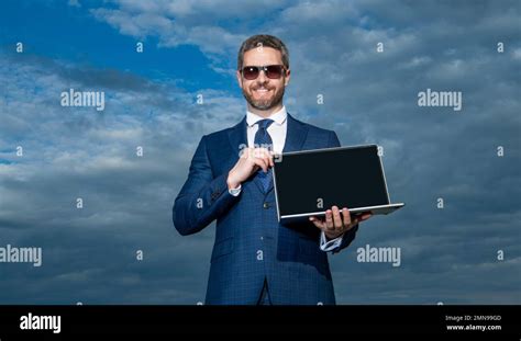 Happy Man Developer Showing Open Laptop Successful Desktop Developer Software Developer Stock