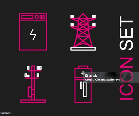 라인 배터리 고전압 전봇대 라인 및 보조 배터리 아이콘을 설정합니다 벡터 강철에 대한 스톡 벡터 아트 및 기타 이미지 강철 건설 산업 건축물 Istock