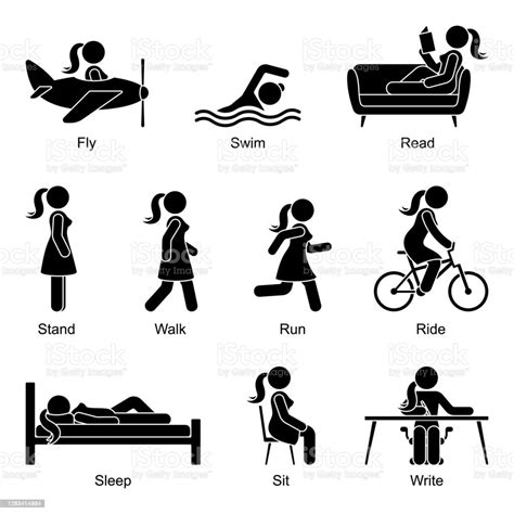 젊은 활성 컷 스틱 그림 여자 비행 수영 독서 서 걷기 가고 실행 승마 자고 앉아 흰색 배경에 설정 된 벡터 일러스트 그림 아이콘 을 작성 아이콘에 대한 스톡 벡터 아트 및