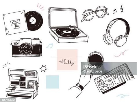 흑백 모노톤 라인 드로잉 일러스트레이션 흑백 일러스트레이션 모노톤 라인 드로잉 필기 폴라로이드 카메라 기록 레코드 아날로그 오디오에 대한 스톡 벡터 아트 및 기타 이미지