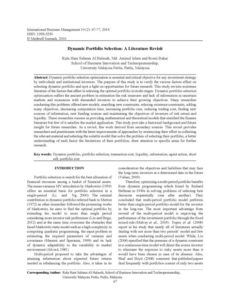 Pdf Dynamic Portfolio Selection A Literature Revisit