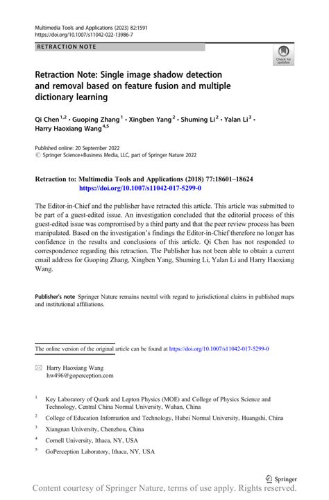 retraction note single image shadow detection and removal based on
