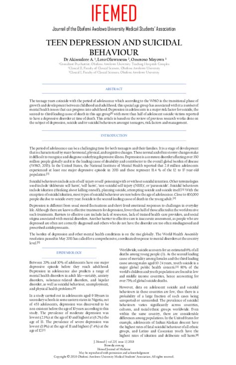 Pdf Teen Depression And Suicidal Behaviour