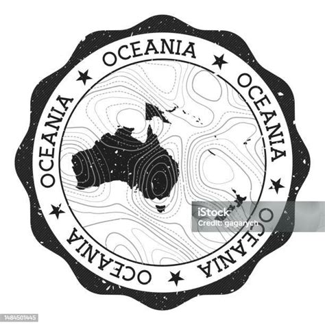 오세아니아 야외 우표 지형 등각선이 있는 대륙 지도가 있는 둥근 스티커 벡터 그림입니다 오세아니아의 휘장 로고 라벨 스티커 또는 배지로 사용할 수 있습니다 0명에 대한 스톡