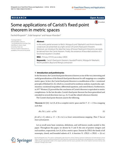 Pdf Some Applications Of Caristis Fixed Point Theorem In Metric Spaces