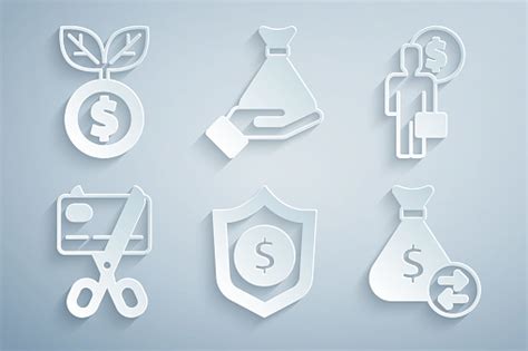 달러 사업가 계획 마음 신용 카드 돈 가방 손 및 달러 식물 아이콘을 자르는 가위로 방패를 설정하십시오 벡터 3차원 형태에 대한 스톡 벡터 아트 및 기타 이미지 Istock