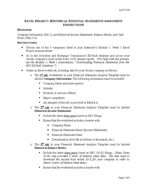 Excel Project Historical Financial Statements Assignment Instructions