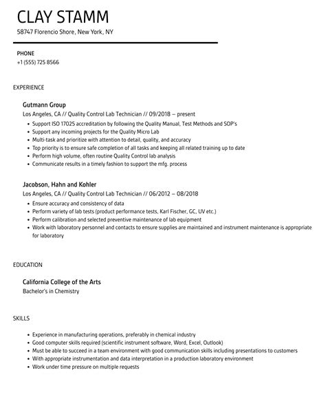Quality Control Lab Technician Resume Samples Velvet Jobs