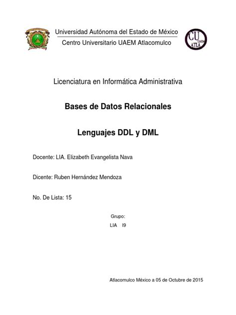tarea 8 lenguajes ddl y dml pdf sql bases de datos