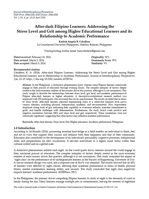 After Dark Filipino Learners Addressing Thestress Level And Grit Among Higher Educational