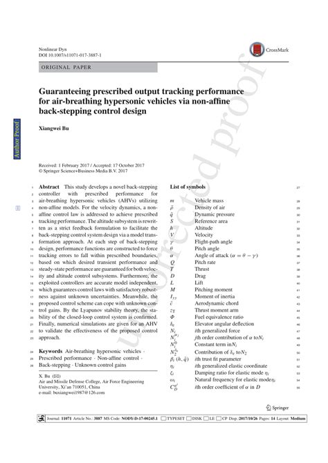 Pdf Guaranteeing Prescribed Output Tracking Performance For Air Breathing Hypersonic Vehicles