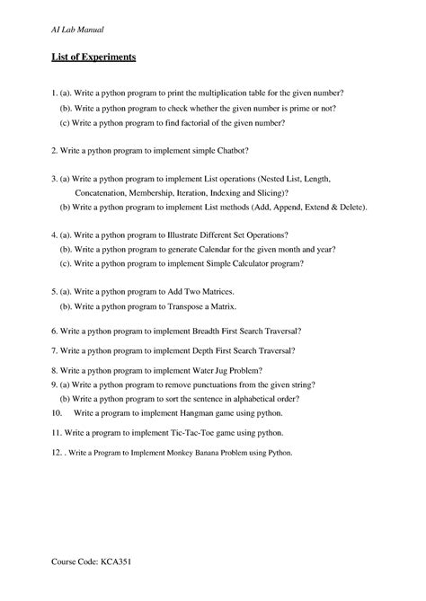 Ai Lab Manual Kca351 List Of Experiments A Write A Python Program