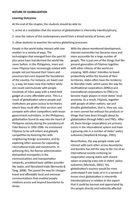 Chapter Nature OF Globalization Raw Notes NATURE OF GLOBALIZATION Learning Outcomes At The