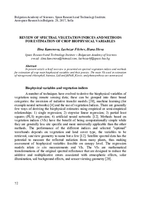Pdf Review Of Spectral Vegetation Indices And Methods For Estimation