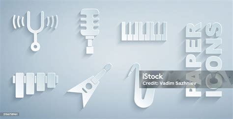 일렉트릭베이스 기타 음악 신디사이저 팬 플루트 악기 색소폰 마이크 및 소리굽쇠 아이콘을 설정합니다 벡터 3차원 형태에 대한 스톡