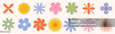 활기찬 그루비 복고풍 데이지 꽃 세트 모던하고 추상적인 터치가 가미된 히피 스타일의 스티커 빈티지 장식 디자인 요소 Element Of Vector 그래픽 0명에 대한 스톡