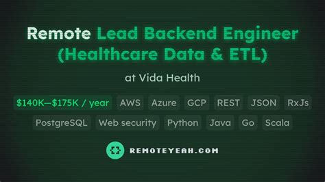 Remote Lead Backend Engineer Healthcare Data And Etl At Vida Health