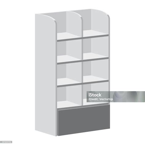 랙 선반 슈퍼마켓 바닥 진열 장 흰색 배경에 대 한 광고 포스 포입니다 슬림 화이트입니다 레이아웃 템플릿입니다 벡터 일러스트입니다 절연 3차원 형태에 대한 스톡 벡터 아트