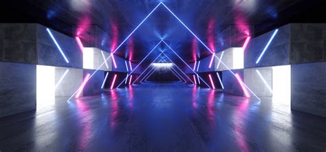 네온 불빛 그래픽 빛나는 보라색 블루 활기찬 가상 공상 과학 Fi 미래 터널 스튜디오 무대 건설 차고 연단 우주선 밤 어두운 콘크리트 그런 지 3d 렌더링 0명에 대한 스톡