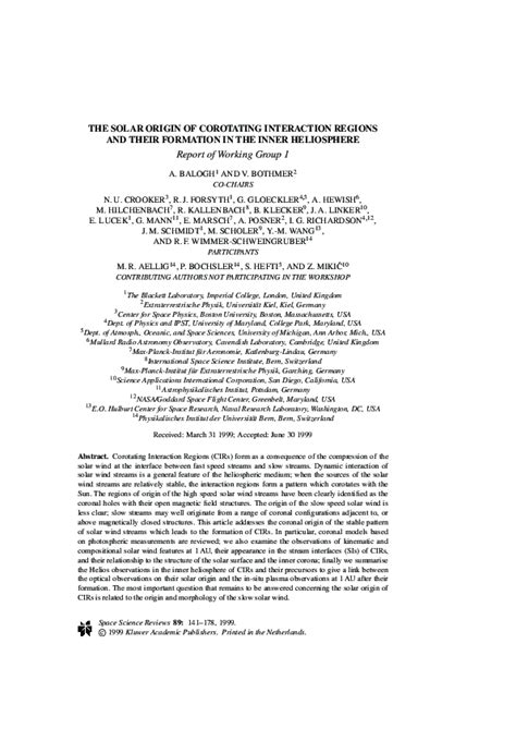 Pdf Corotating Interaction Regions In The Heliosphere