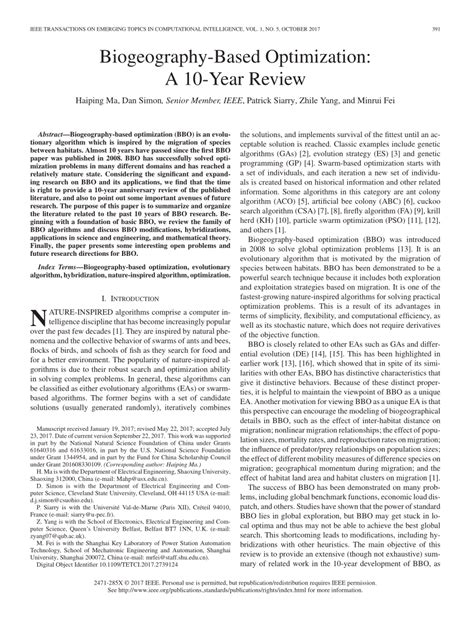 Pdf Biogeography Based Optimization A 10 Year Review